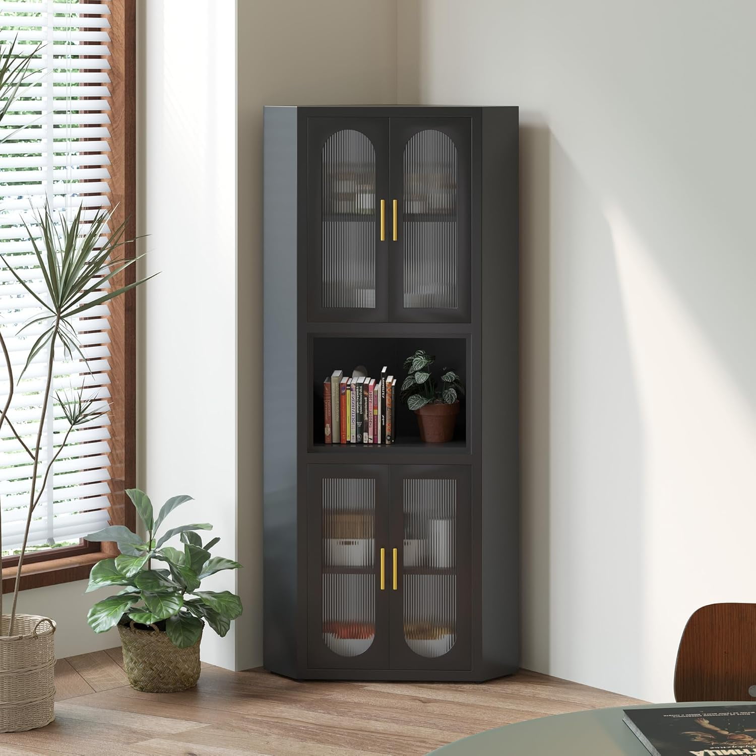 64" White Metal Corner Storage Cabinet, 5-Tier Modern Fluted Side Free ...