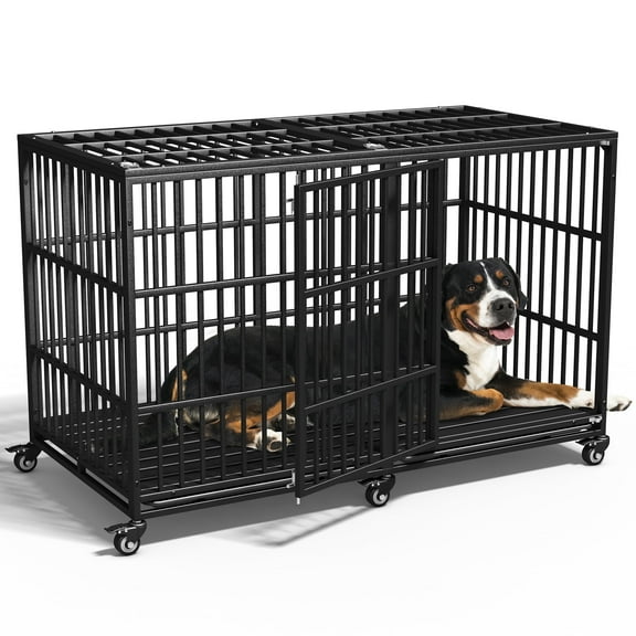 Dog Crate, Foldable Metal Wire Kennel w/Divider, Leak-Proof Pan, 42x27 ...