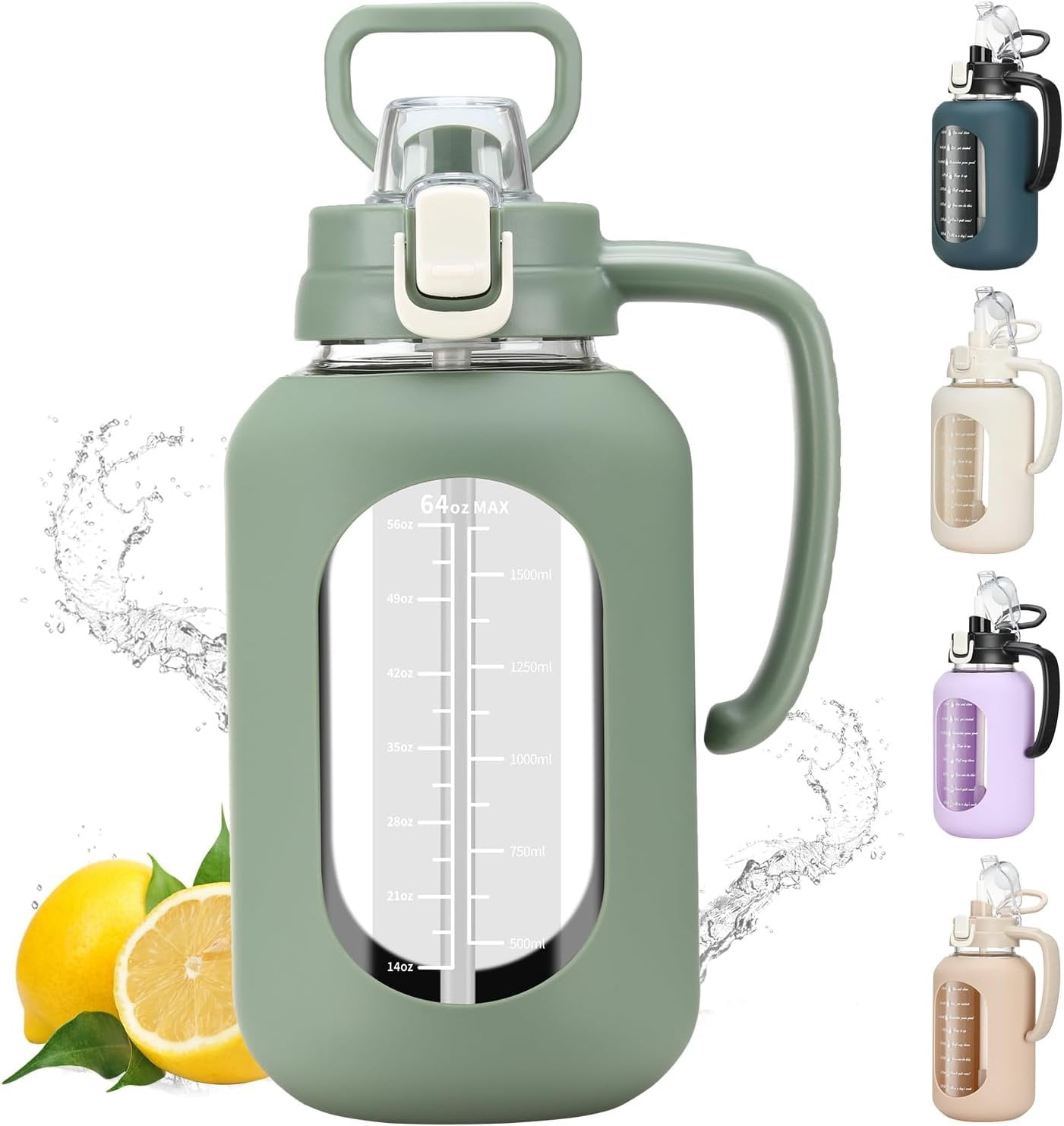 64 oz Glass Water Bolttles Half Gallon Large Motivational Water Bottle ...