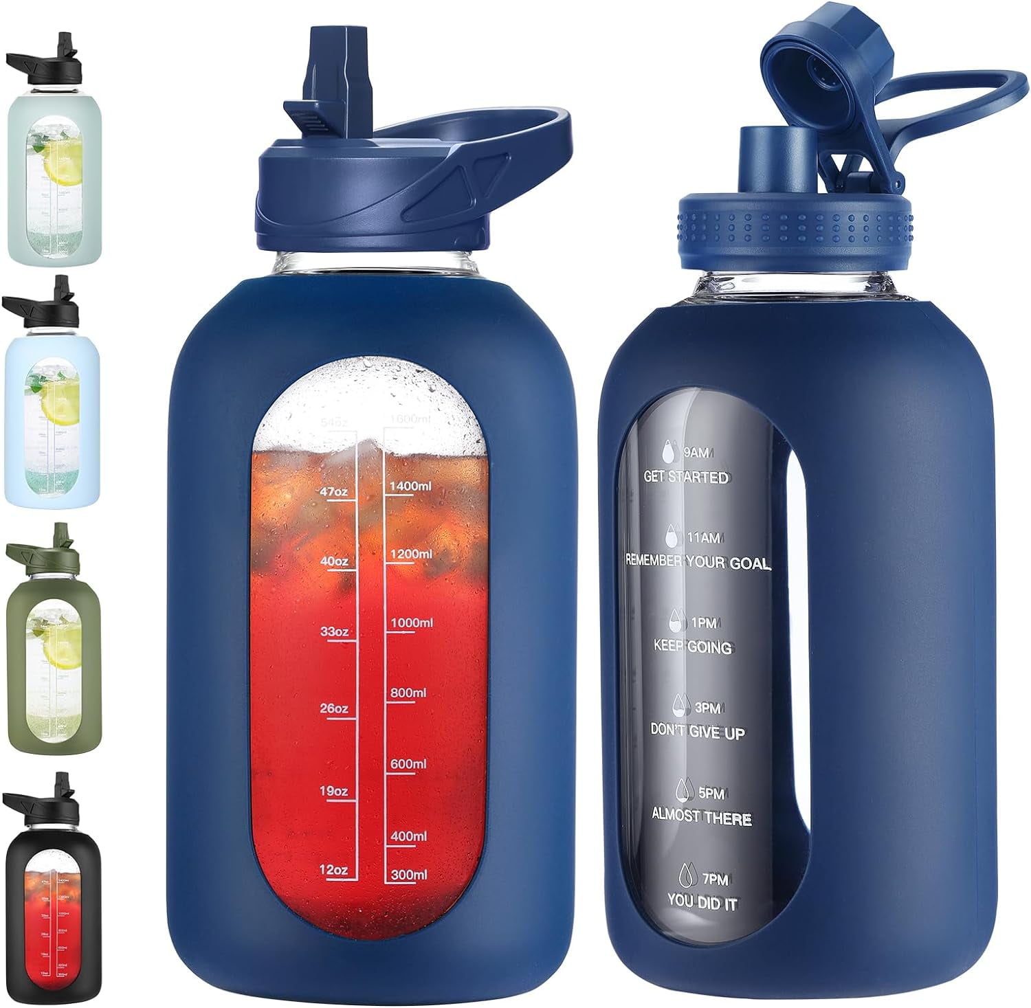 64 oz Glass Water Bottle With Straw and Handle, Half Gallon Sports ...