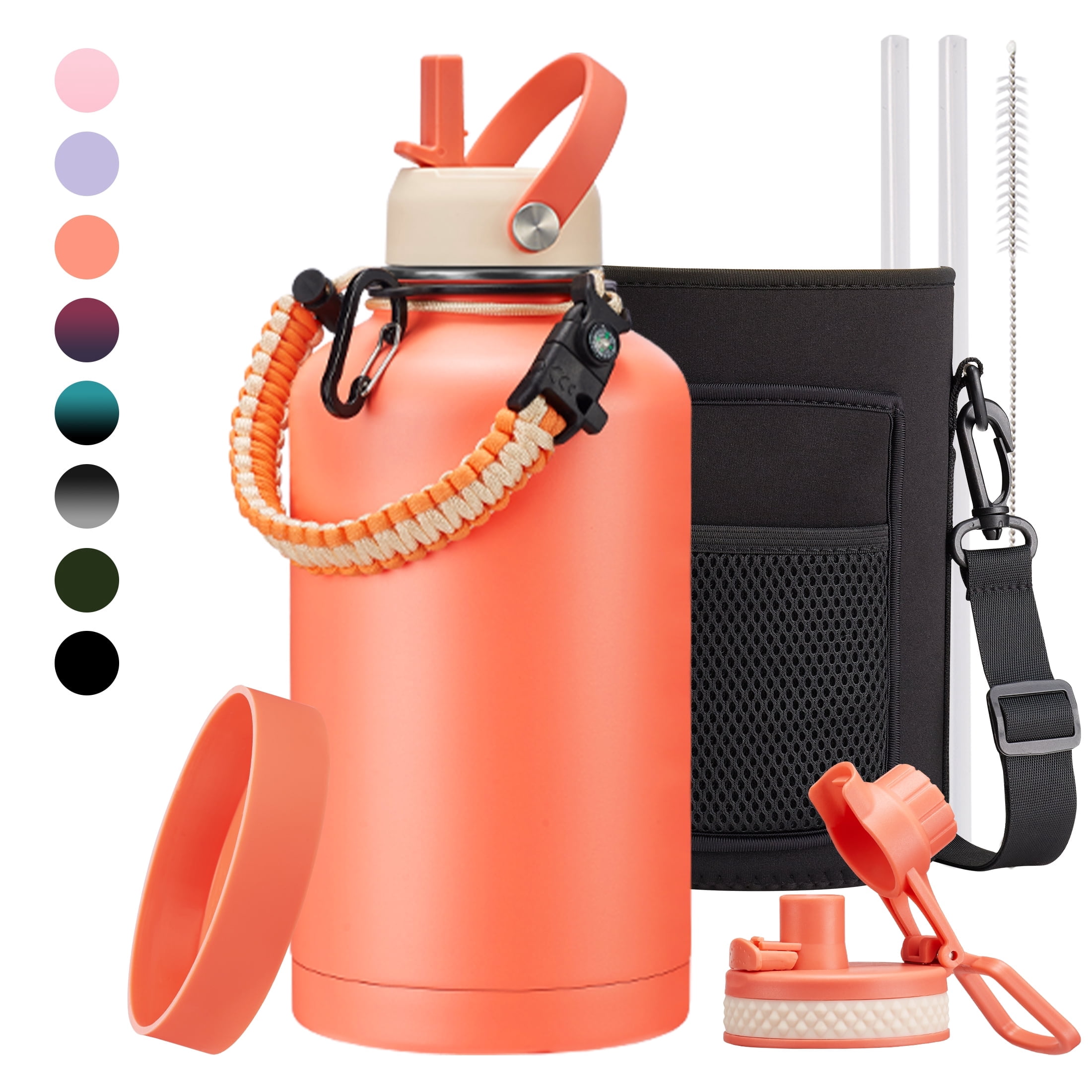 64 oz Insulated Water Bottle, Paracord Handle, Carrier Bag, Half Gallon ...