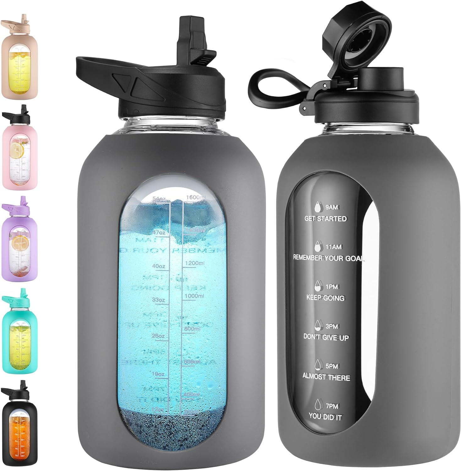 64 oz Water Bottle Jug with Straw and Handle, Half Gallon Sports ...