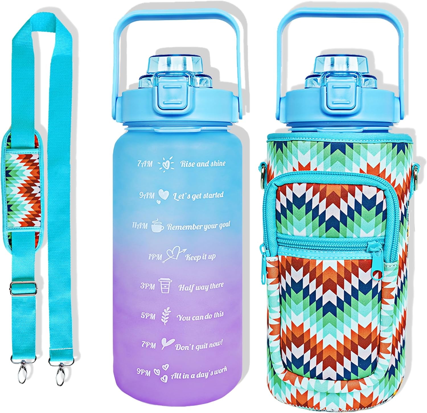 64 oz Water Bottle with Straw Sleeve & Strap Motivational BPA Free Half ...