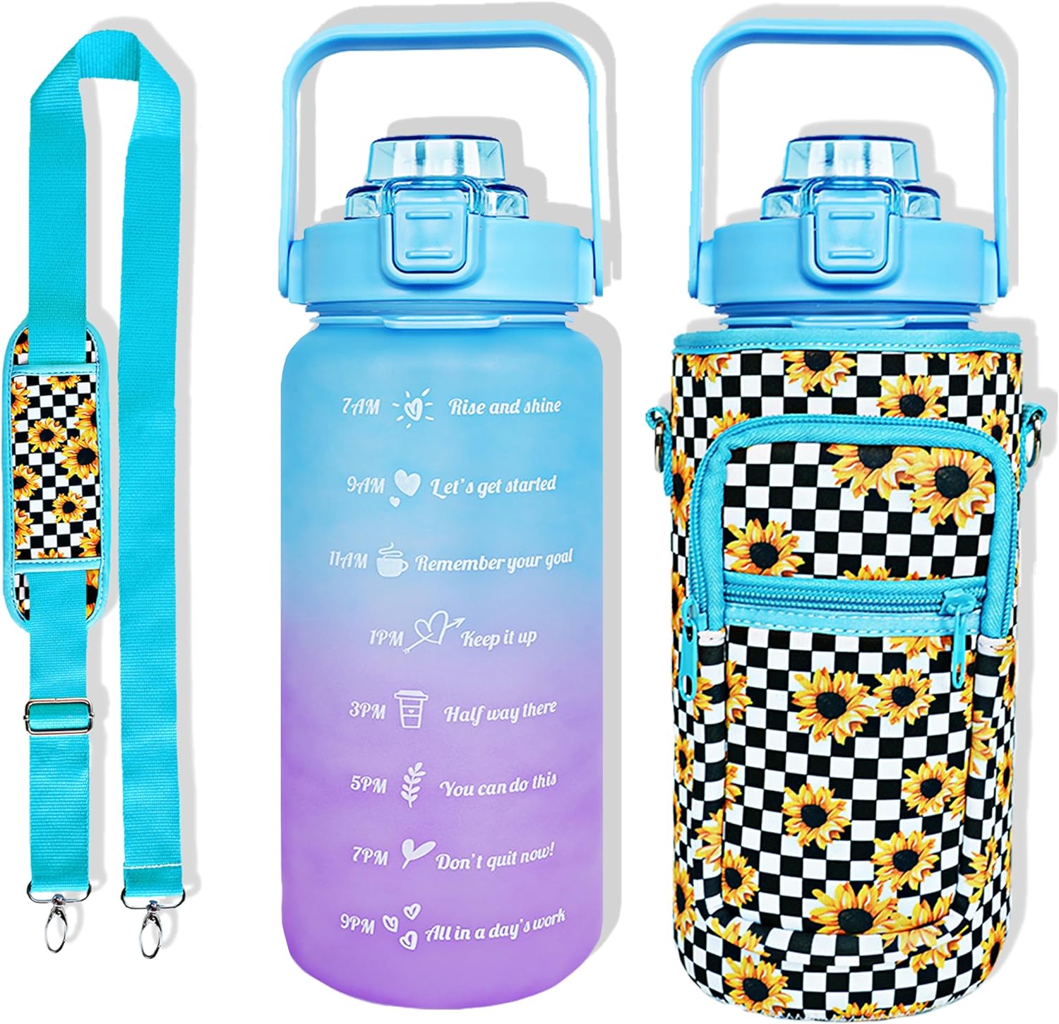 64 oz Water Bottle with Straw Sleeve & Strap Motivational BPA Free Half ...