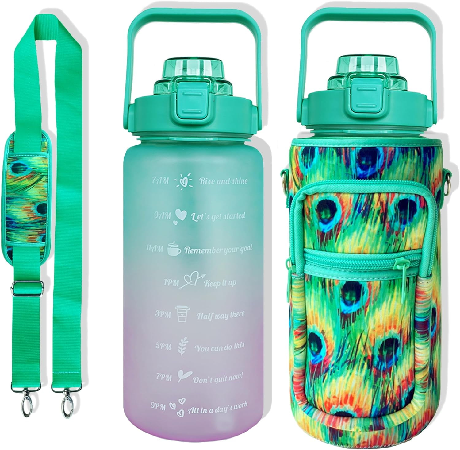 64 oz Water Bottle with Straw Sleeve & Strap Motivational BPA Free Half ...