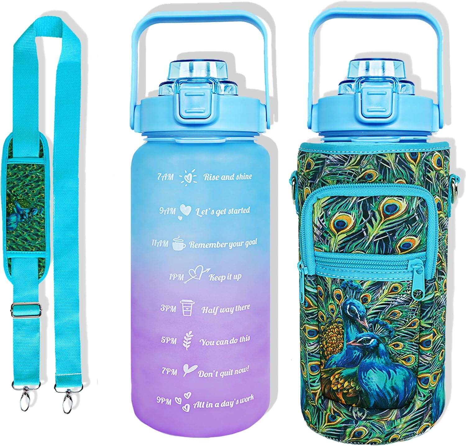 64 oz Water Bottle with Straw Sleeve & Strap Motivational BPA Free Half ...