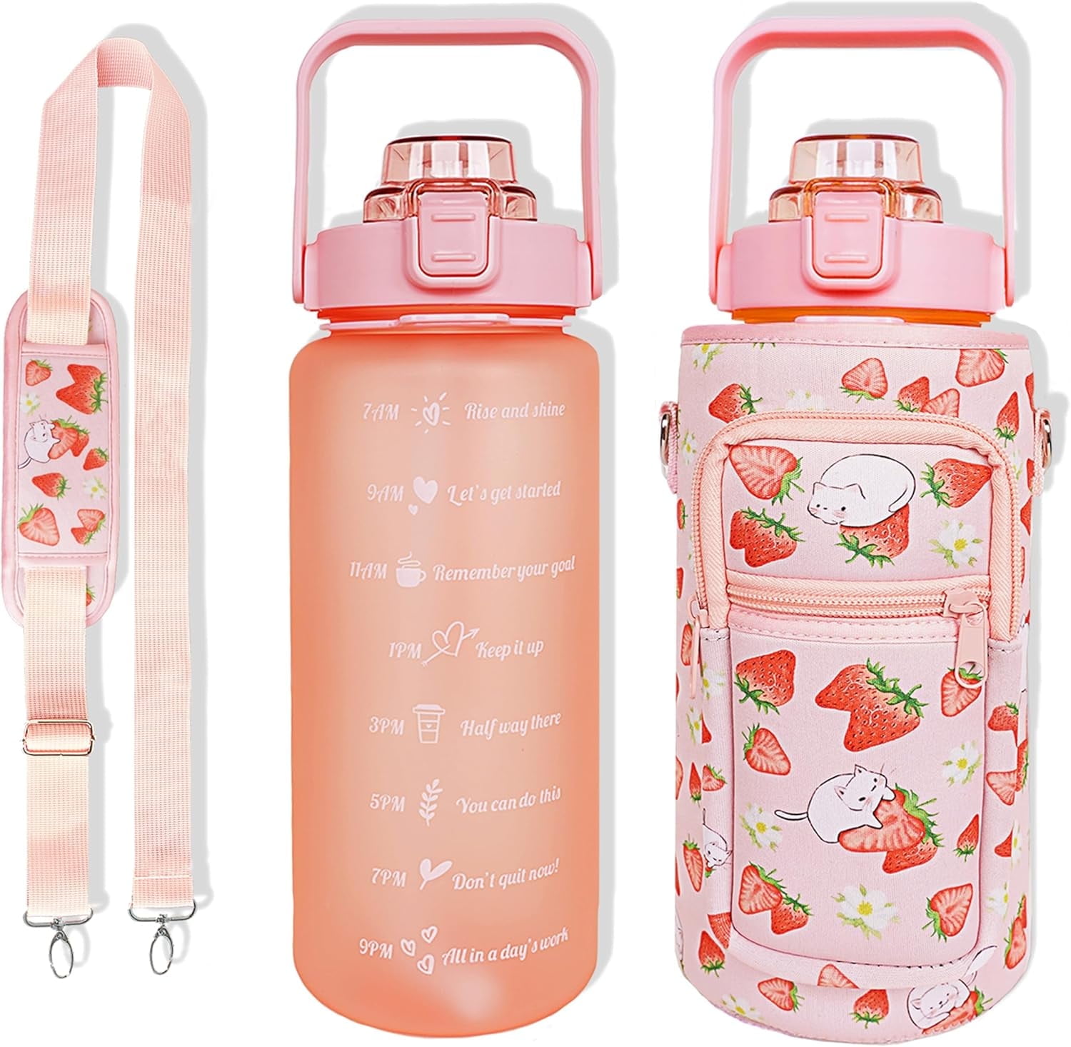 64 oz Water Bottle with Straw Sleeve & Strap Motivational Half Gallon ...