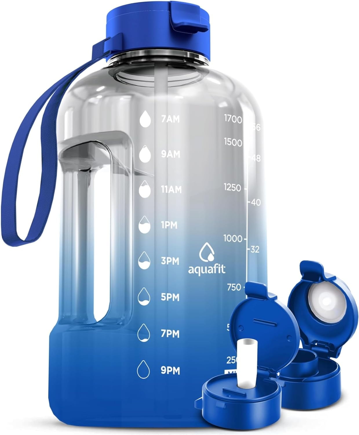 64 oz Water Bottle with Time Marker - Straw & Chug Lids - Half Gallon ...