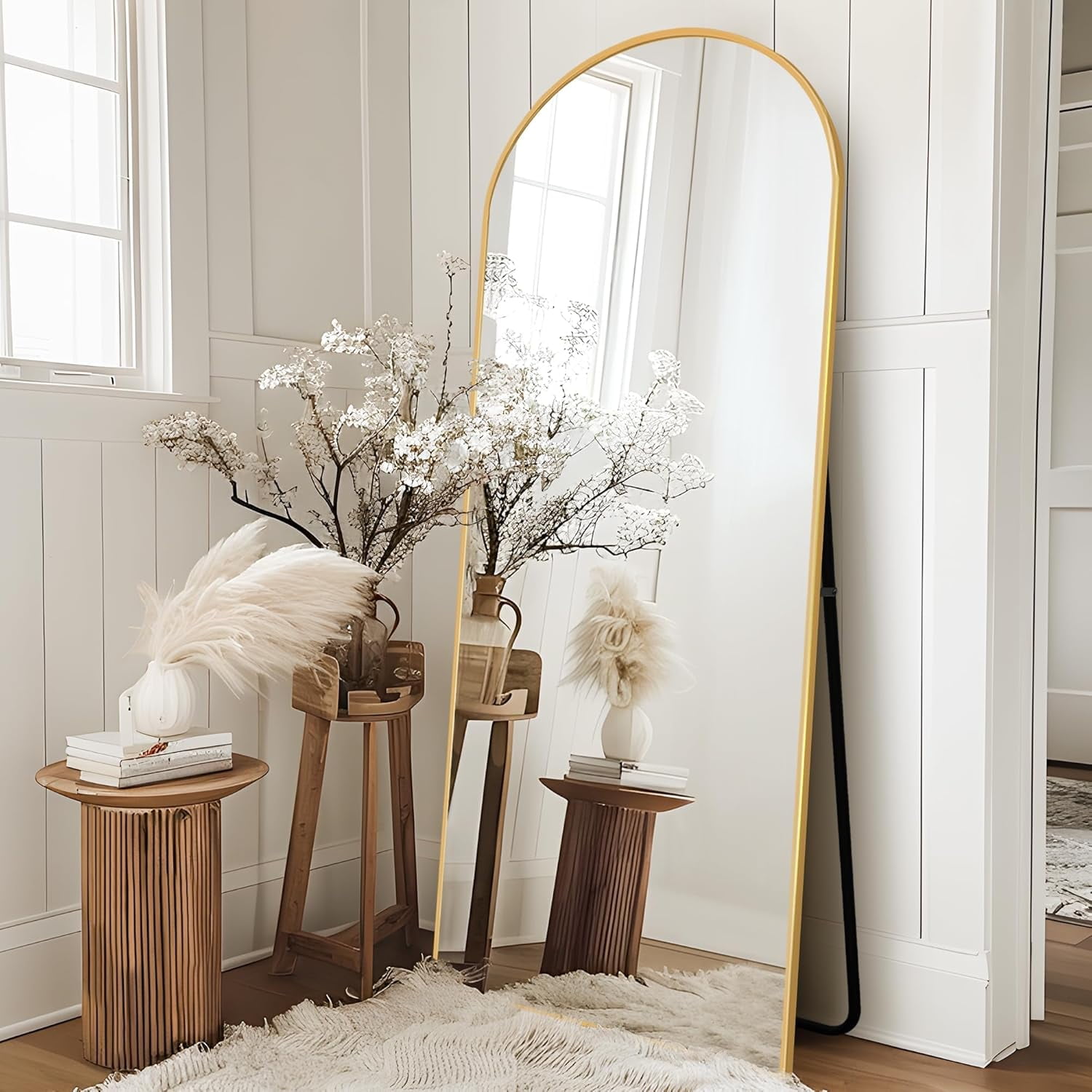 64"x 25" Arched Full Length Mirror with Stand, Gold Full Body Mirror ...