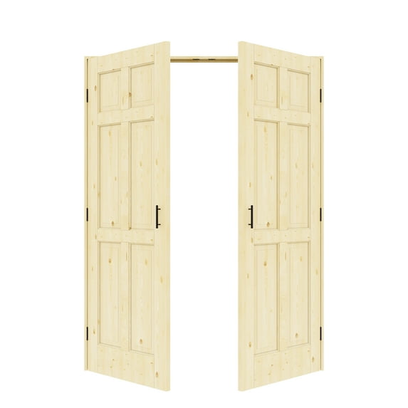 64" x 80" 6 Panel Pine Wood Double Doors with French Door Ready-to ...