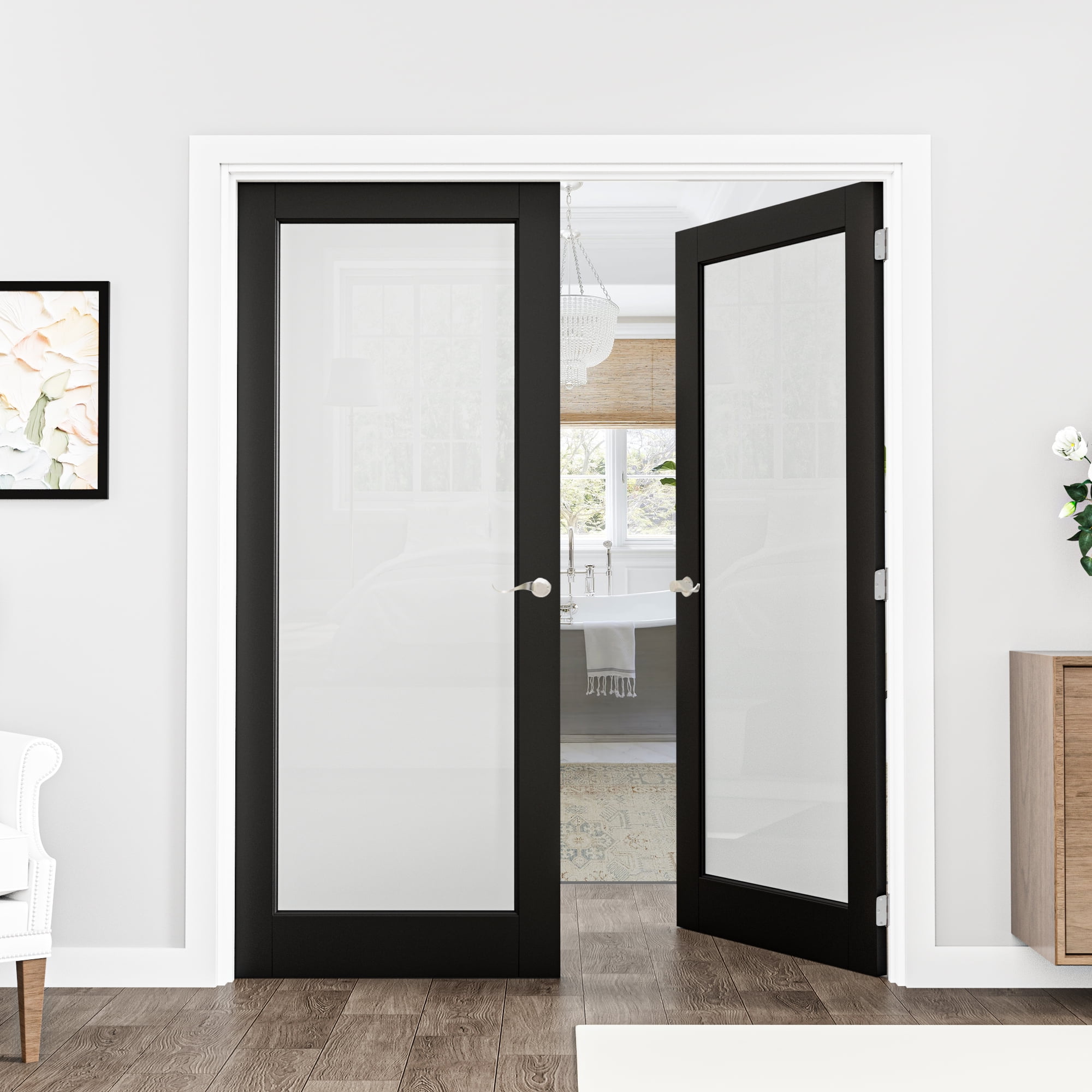 64" x 80" Frosted Glass Black Double Doors with French Door Ready-to ...