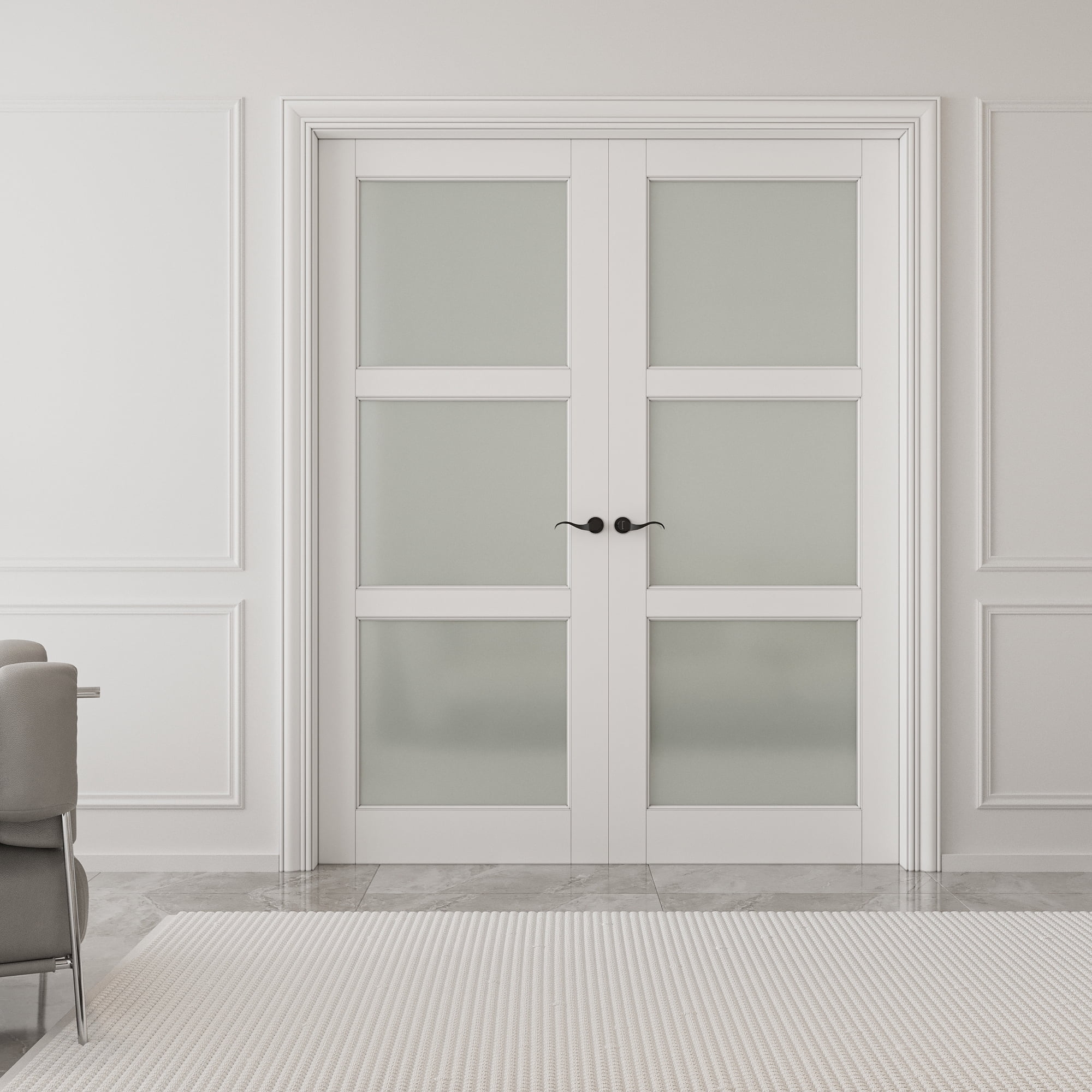 64" x 96" 3-Lite Frosted Glass French Door Solid Wood Manufacture ...