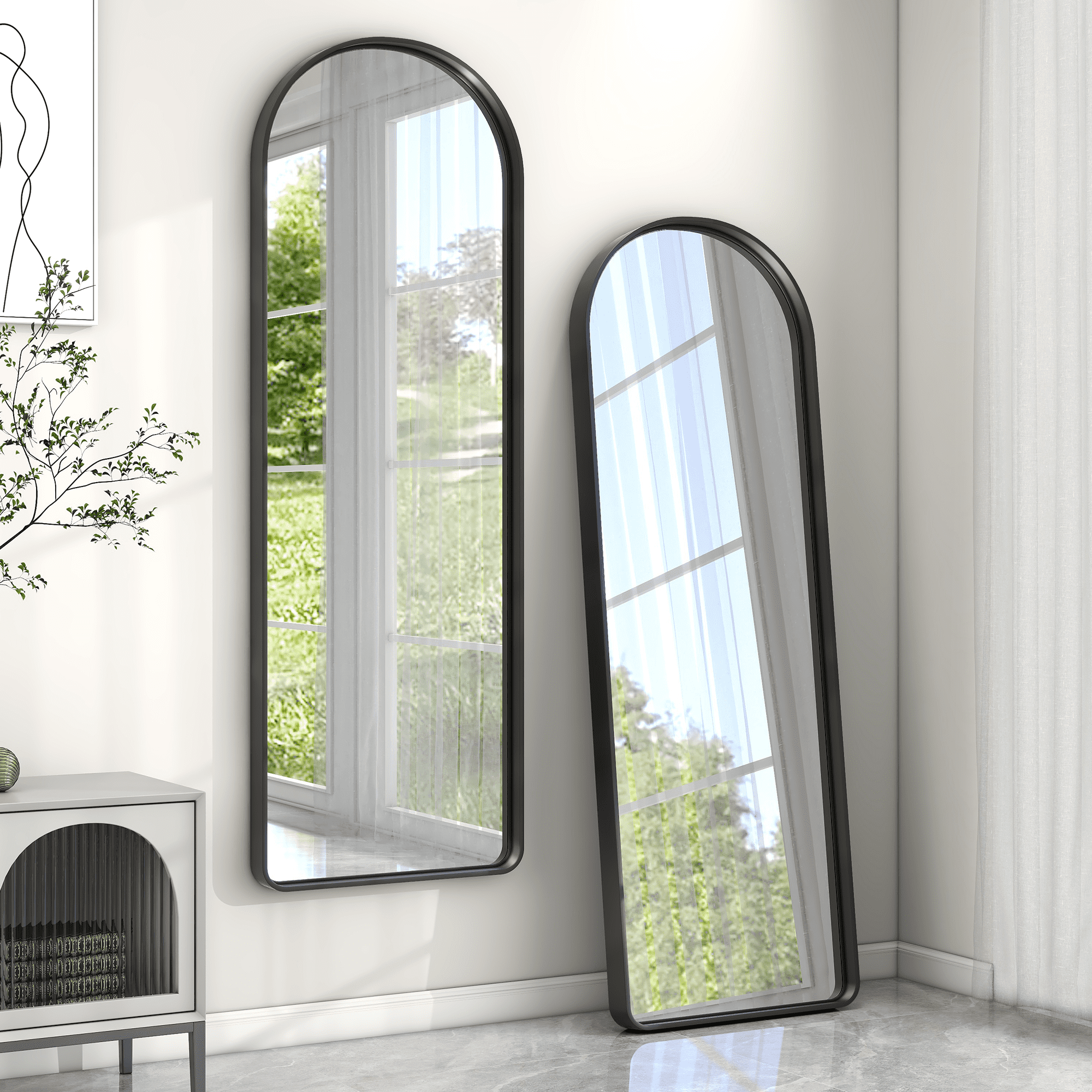 64"x21" Aluminum Alloy Wall Mount Rounded Corner Arched Mirror,Black ...
