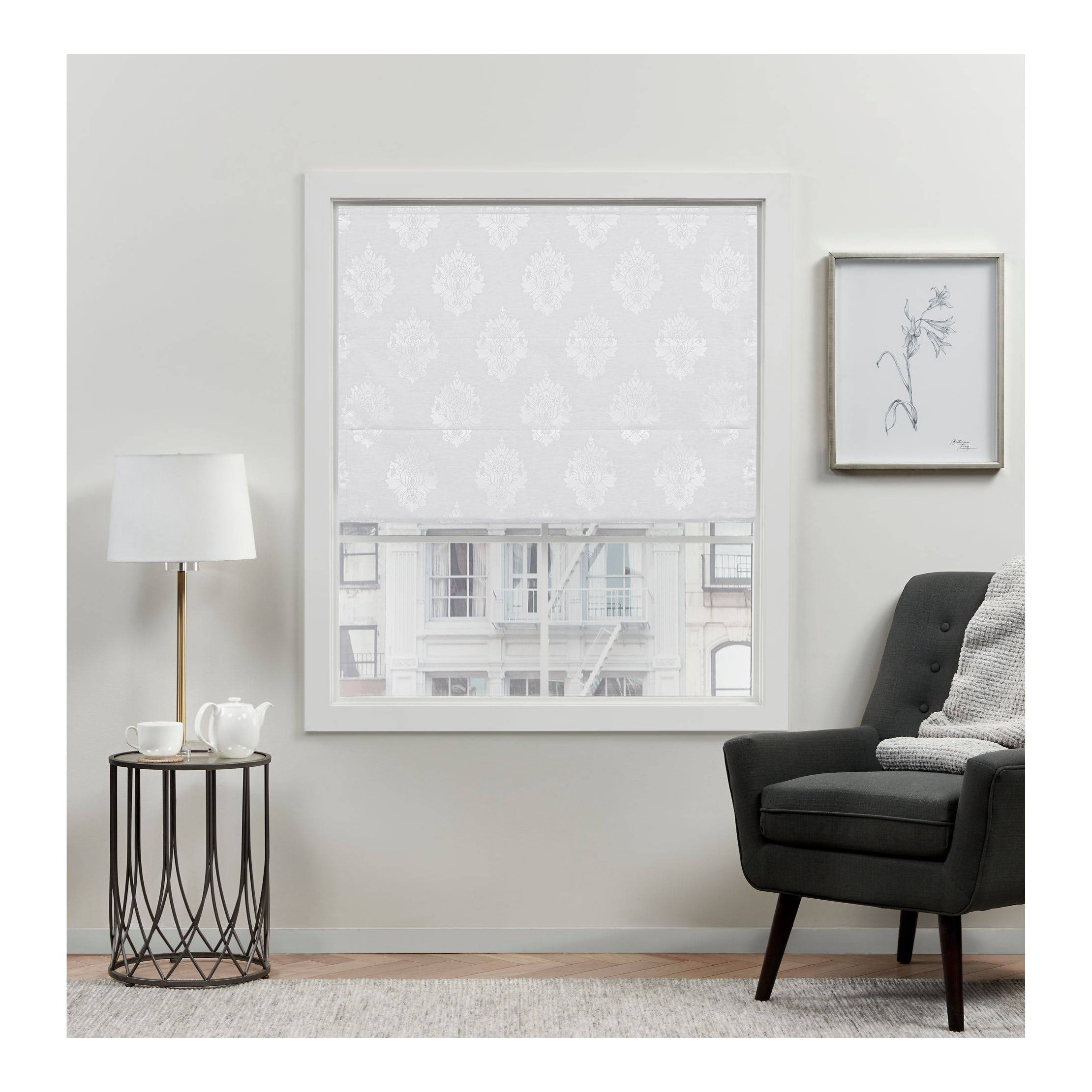 64"x27" Marseilles Damask Blackout Roman Curtain Shades White: Cordless ...