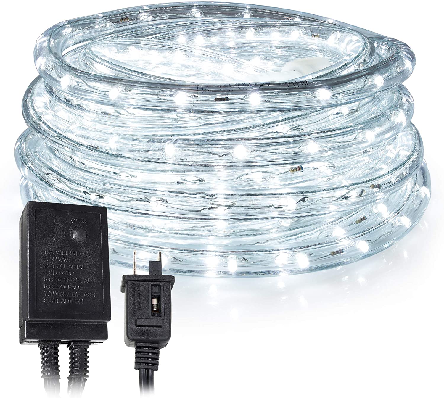 648LEDs, 60ft LED 1/2” Cool White Rope Light w/ 8 Mode Controller ...