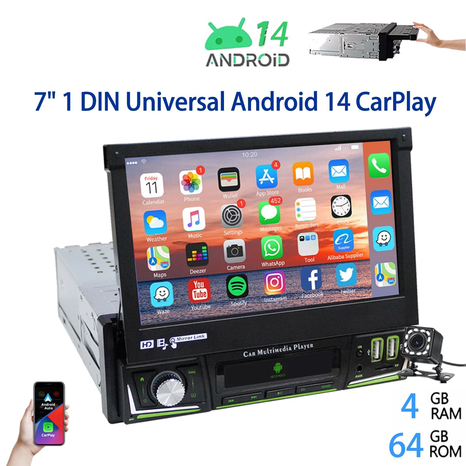 64G 7inch Car Radio 1 DIN Android 14 Carplay Android Auto Flip Out ...