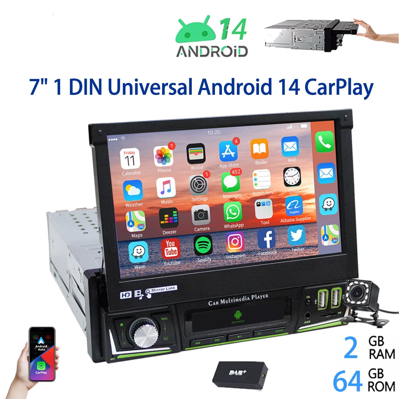 64G 7inch Car Radio 1 DIN Android 14 Carplay Android Auto Flip Out ...