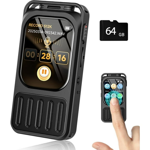 64GB Digital Voice Recorder with 2" Touchscreen & , 3072Kbps Dual Mic ...