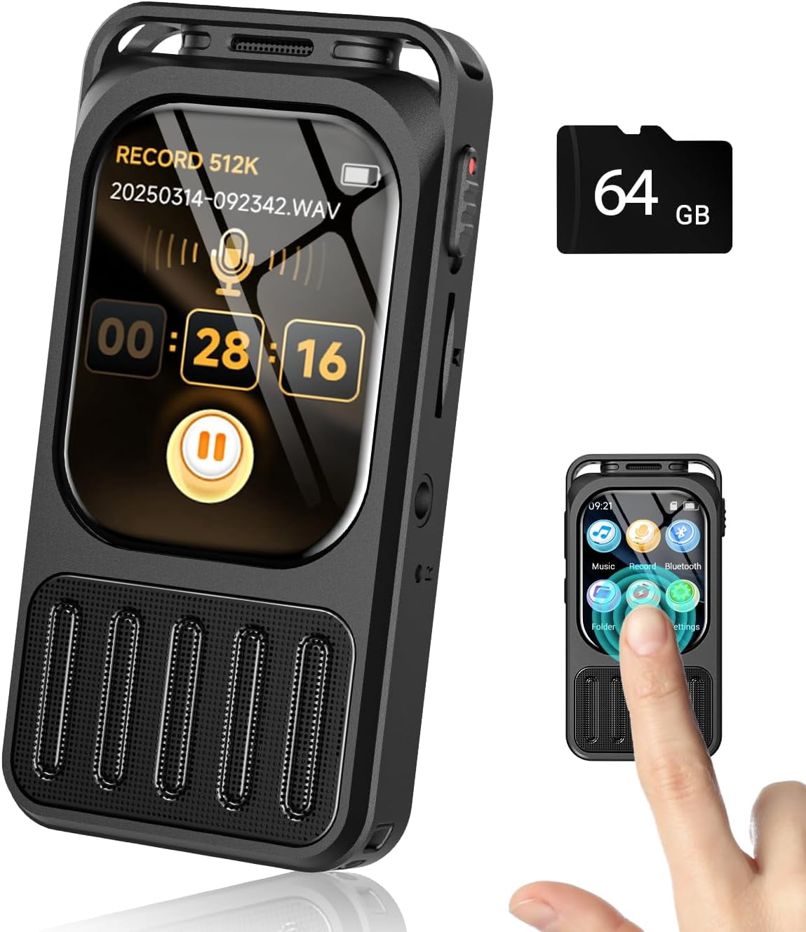 64GB Digital Voice Recorder with 2" Touchscreen & Bluetooth, 3072Kbps ...