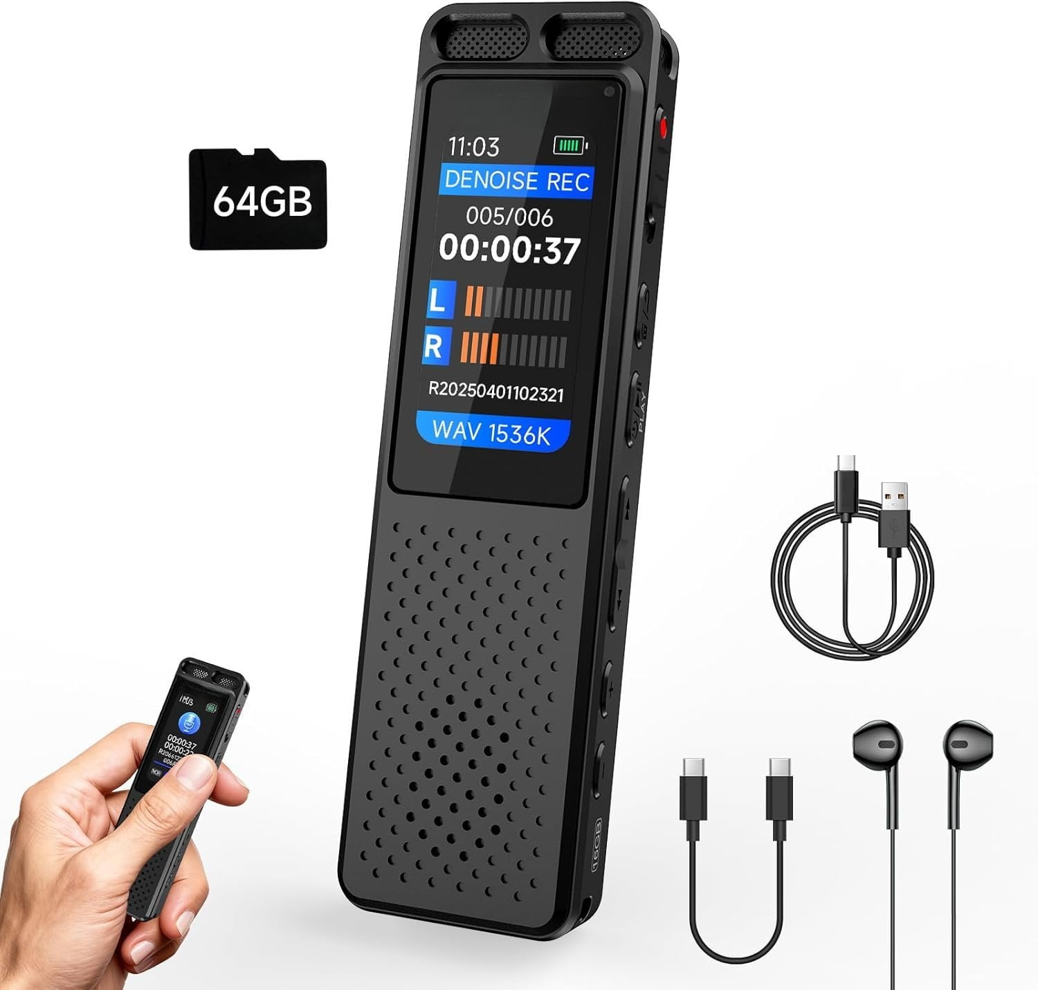 64GB Digital Voice Recorder with Playback, 1536Kbps Audio, Voice ...