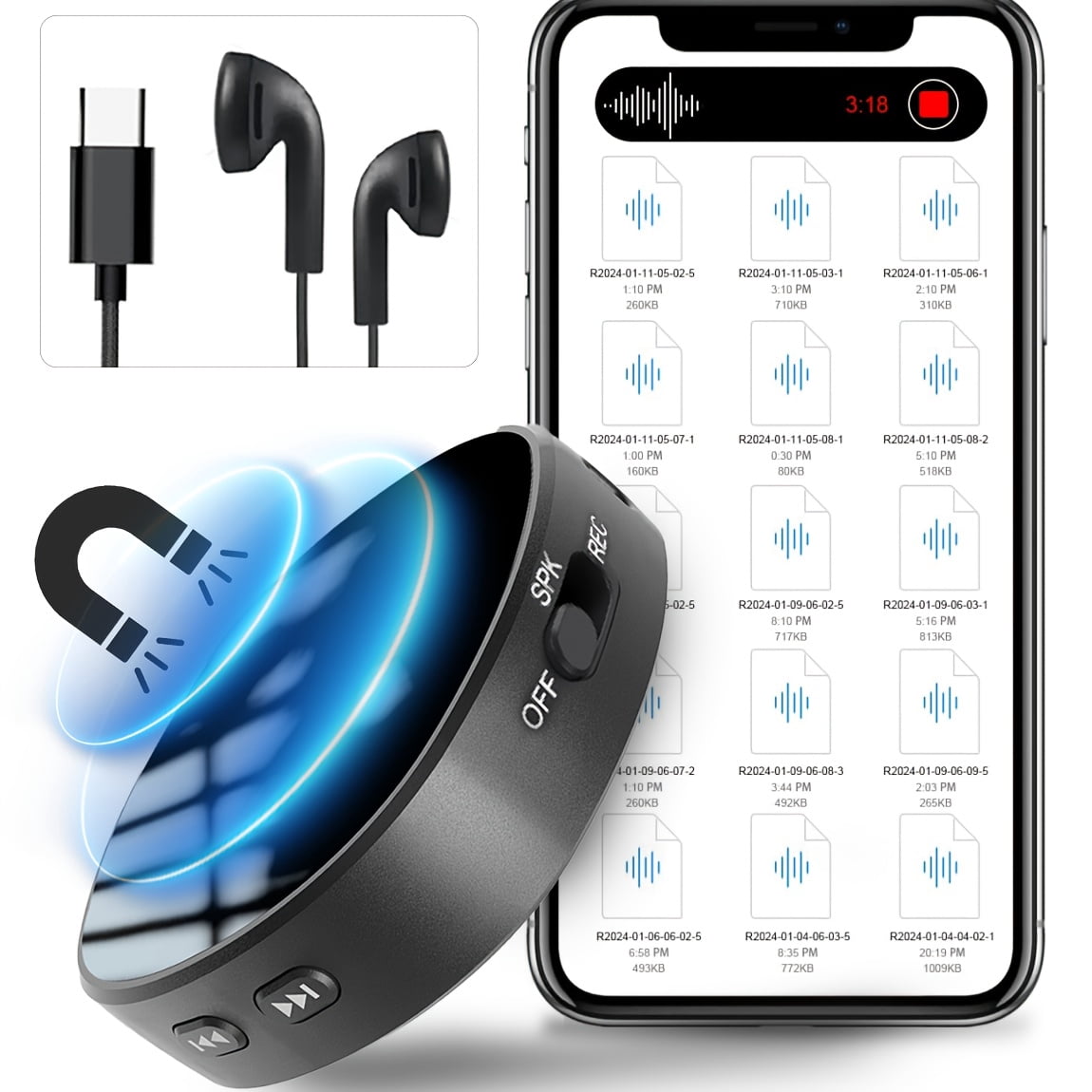 64GB Magnetic Voice Activated Recorder Device -[AI Noice Reduction ...