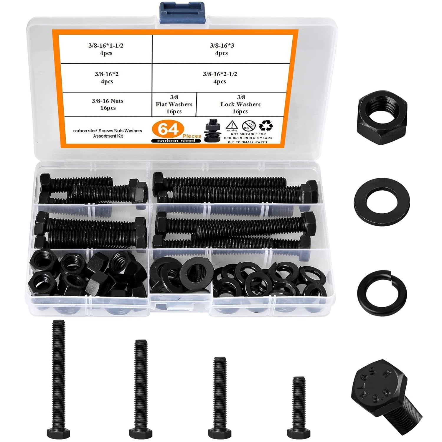 64PCS 3/8-16 Hex Bolts and Nuts Screws Assortment kit with Flat & Lock ...
