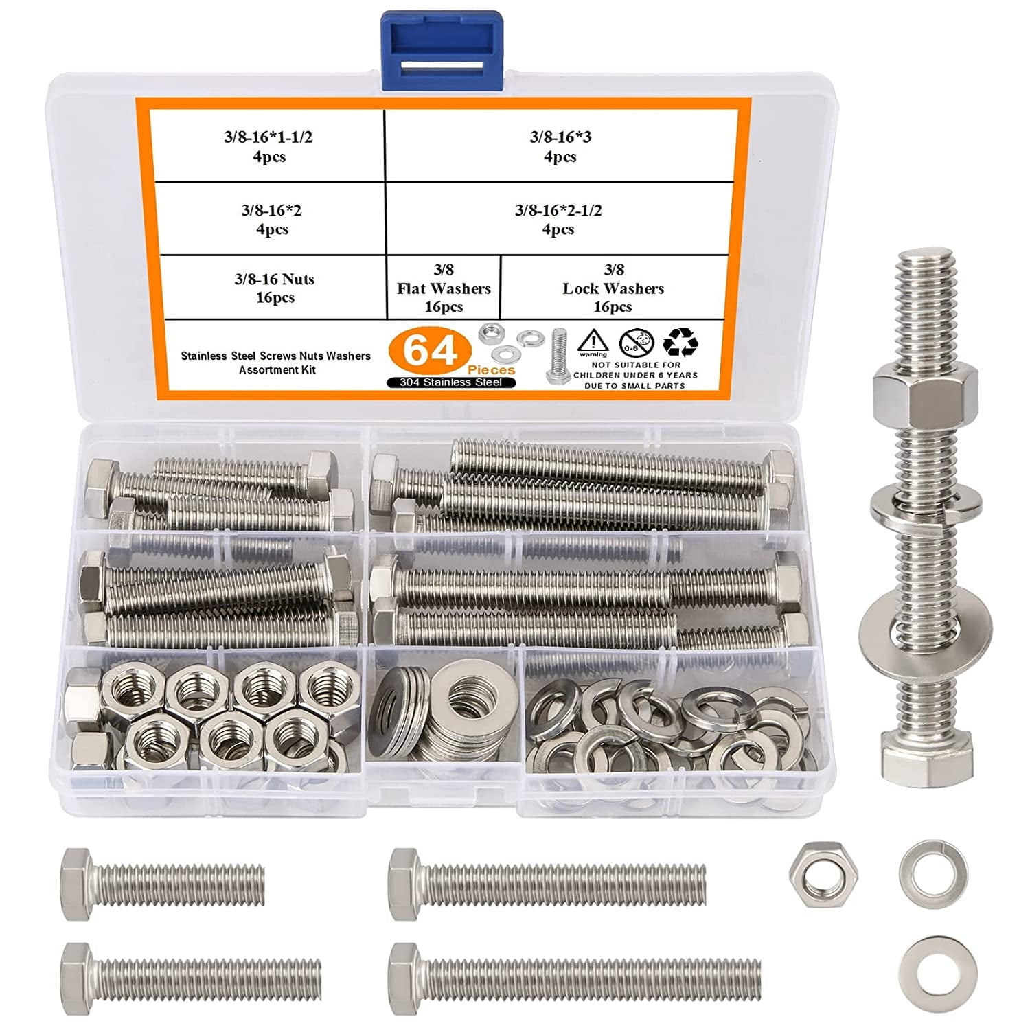 64PCS Hex Bolts and Nuts Kit, 304 Stainless Steel 3/8-16 Heavy Duty ...