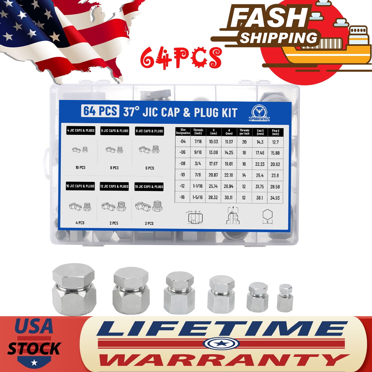 64PCS JIC Cap & Plug Fittings Kit,AN Assortment Hydraulic Fitting Set hydraulic - Walmart.com