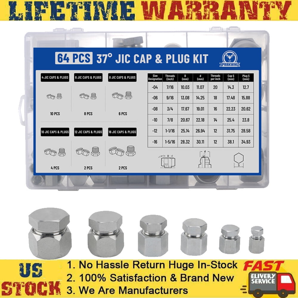 64PCS JIC Cap and Plug Assortment 37 Degree For Hydraulic Hose Tube and ...