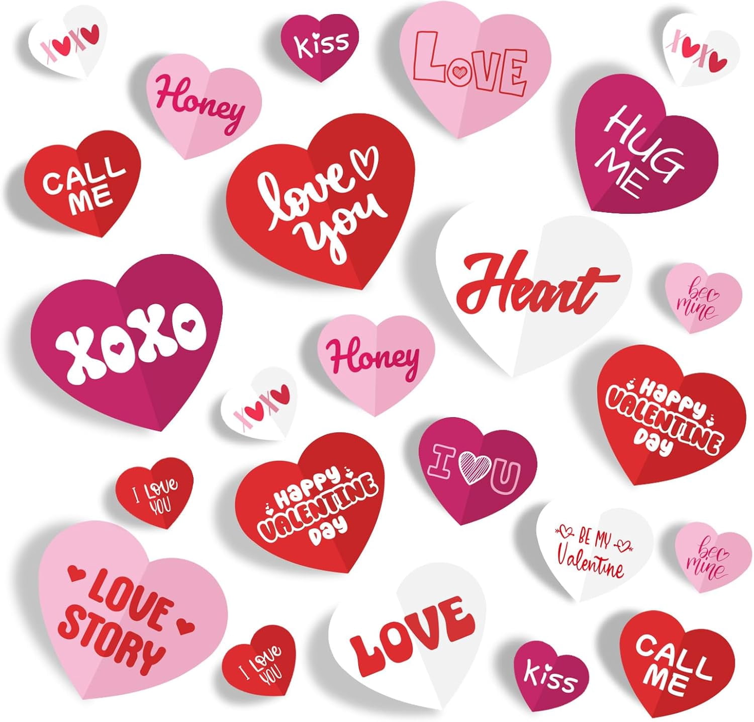 64PCS Valentines Day 3D Heart Wall Stickers Pink Red Love Decals ...