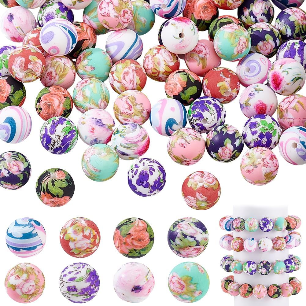 64Pcs Silicone Beads 8 Colors Round Focal Beads Bulk 15mm Floral Loose ...