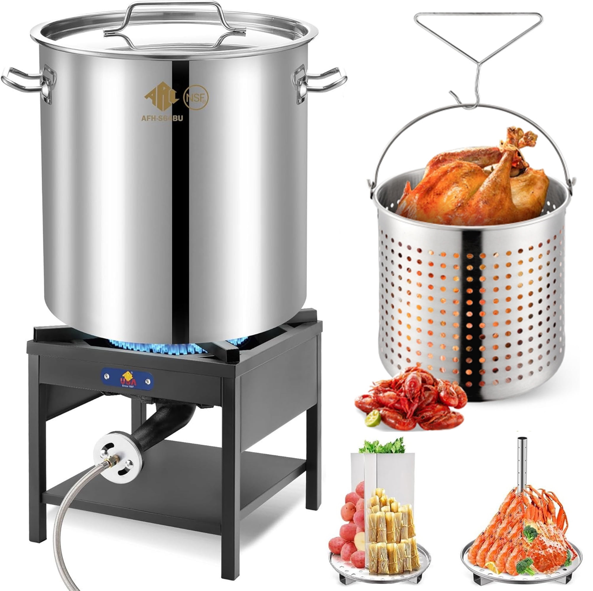 64QT Stainless Steel Pot with 200,000BTU Propane Fryer, Seafood Boil ...