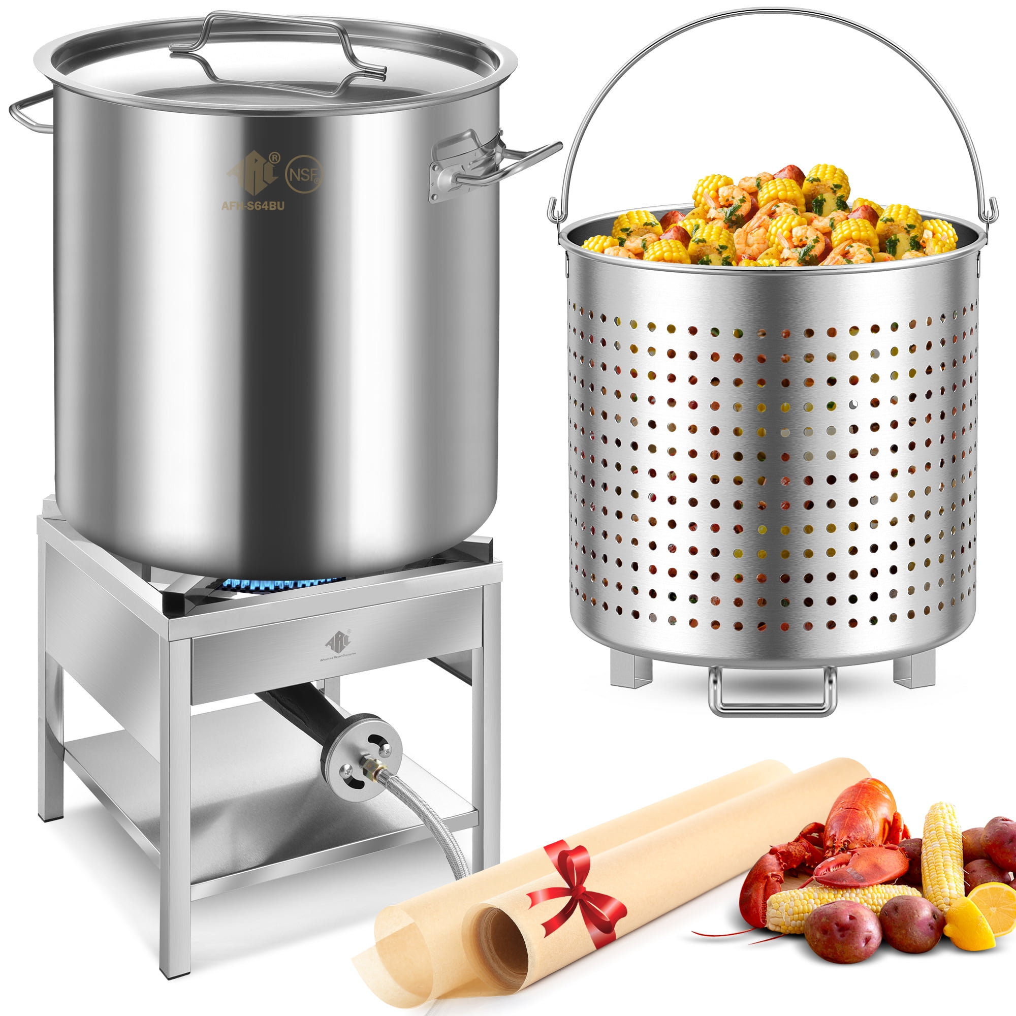 64QT Stainless Steel Seafood Boil Pot with 200,000BTU Propane Burner, w ...
