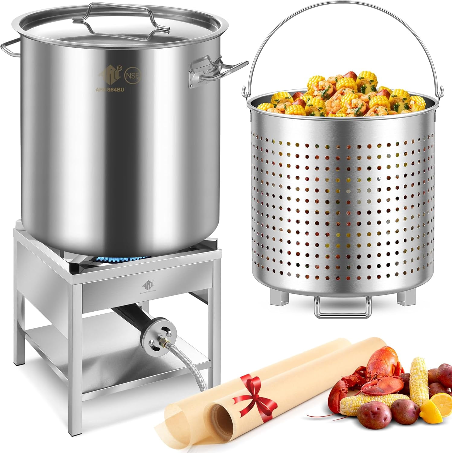 64QT Stainless Steel Seafood Boil Pot with 200,000BTU Propane Burner, w ...