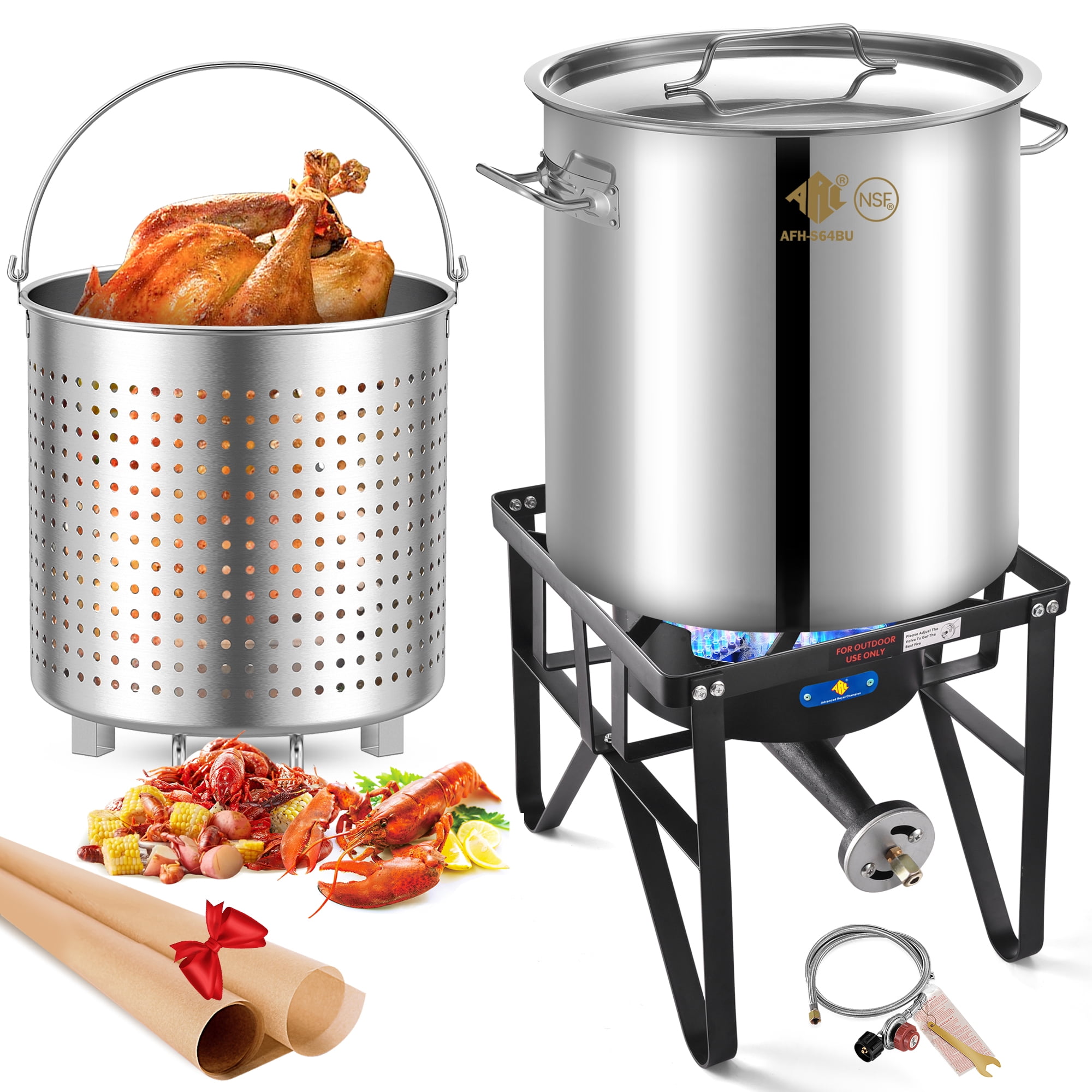 64QT Stainless Steel Seafood Boil Pot with 200,000BTU Single Burner ...