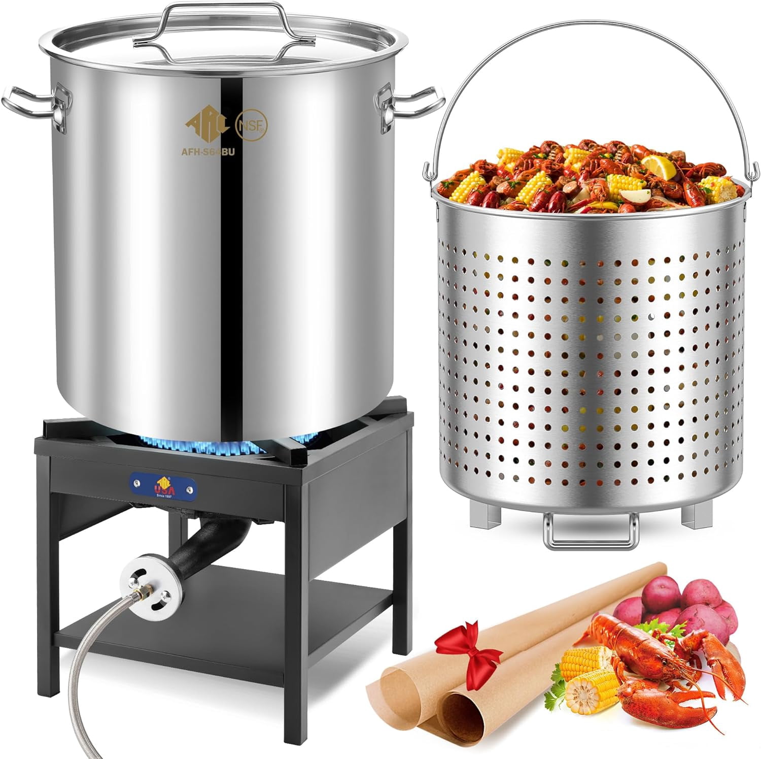 64QT Stainless Steel Seafood Boiling Turkey Fryer Kit with Strainer and ...