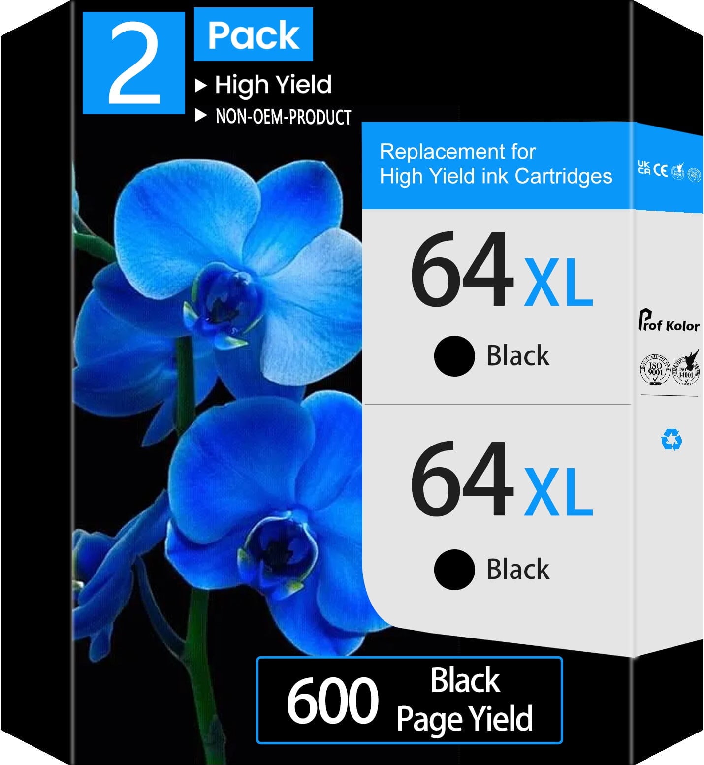 Prof Kolor 64XL Black Ink Cartridges, 2 Pack for HP ENVY Photo Printers ...