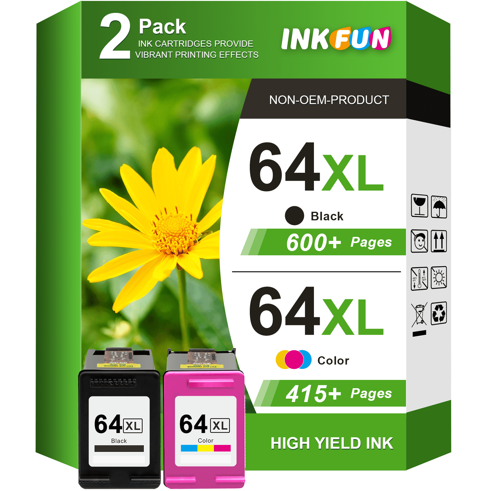 Inkfun 64XL Ink Cartridges Combo Pack, Black and Tri-Color, Compatible ...