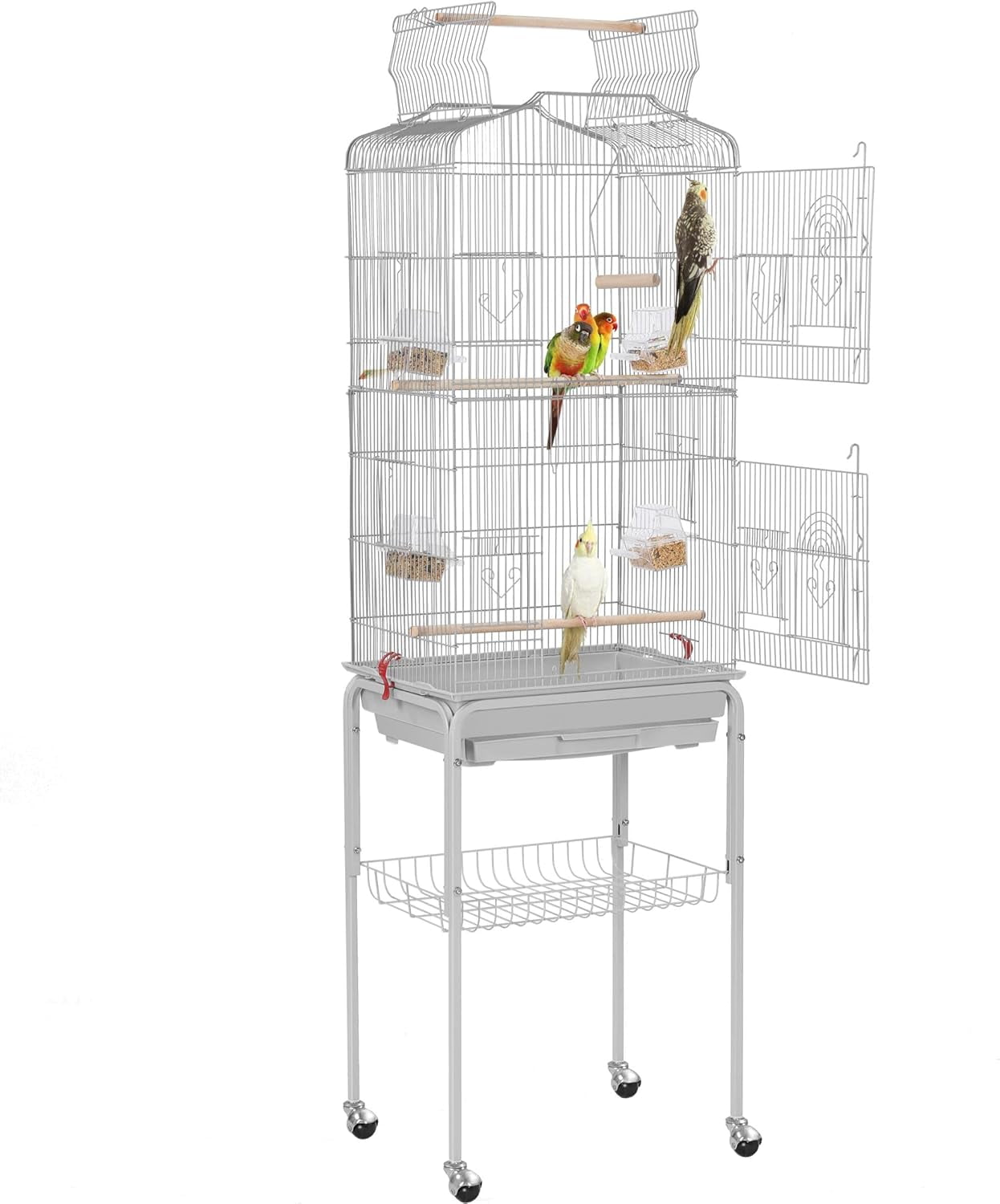 64inch Height Open Top Bird Cage Metal Parrot Cage w/Detachable Rolling ...