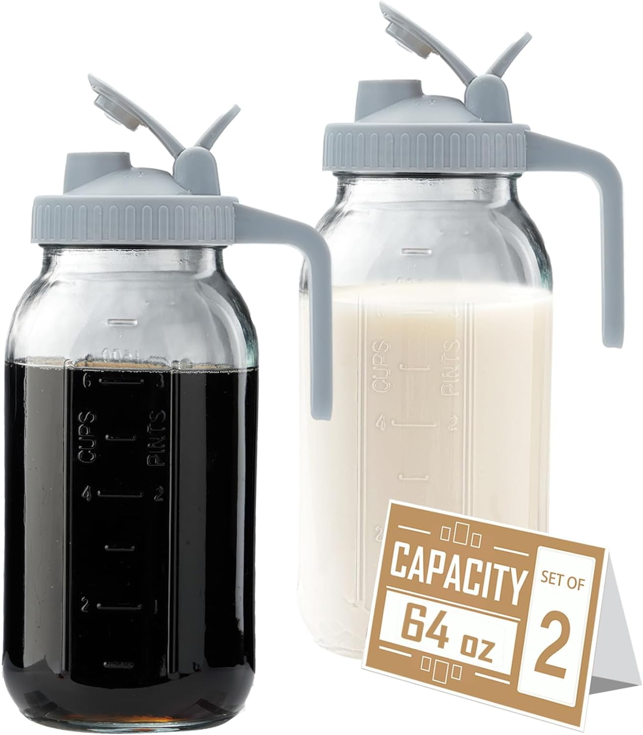 64oz Glass Pitcher with Lid - 2 Quart Mason Jar Pitcher with Spout, Leak-proof Milk Container ...