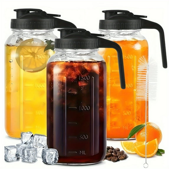 64oz Glass Pitcher with Lid & Handle - 3-Pack Set with Measurement ...