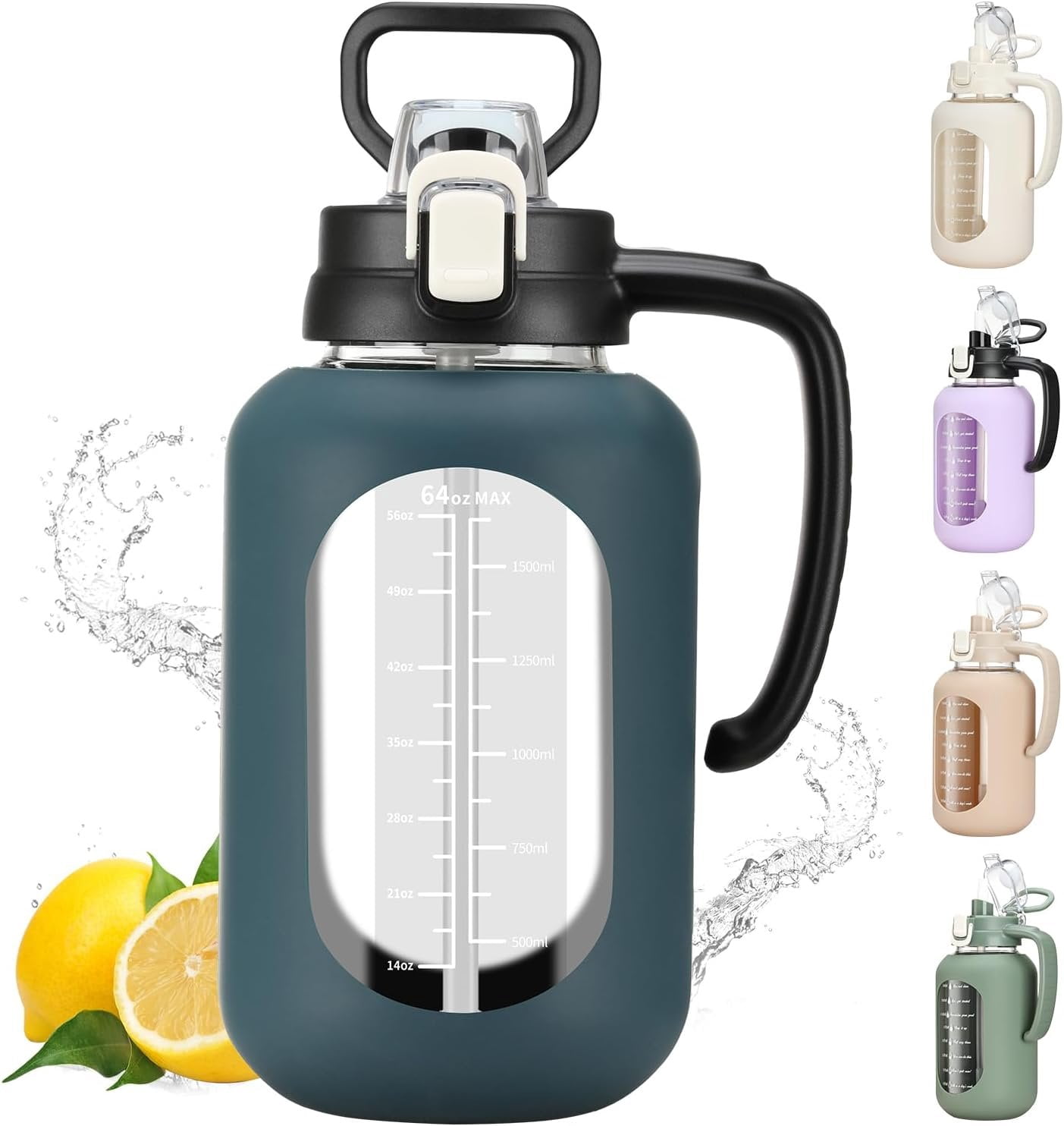 64oz Glass Water Bolttles Half Gallon Large Motivational Water Bottle ...