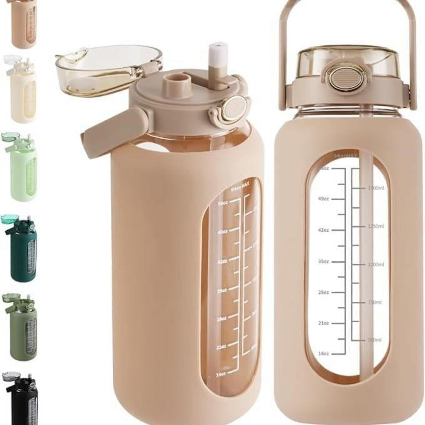 64oz Glass Water Bolttles with Straw Half Gallon Large Motivational Water Bottle with Time ...