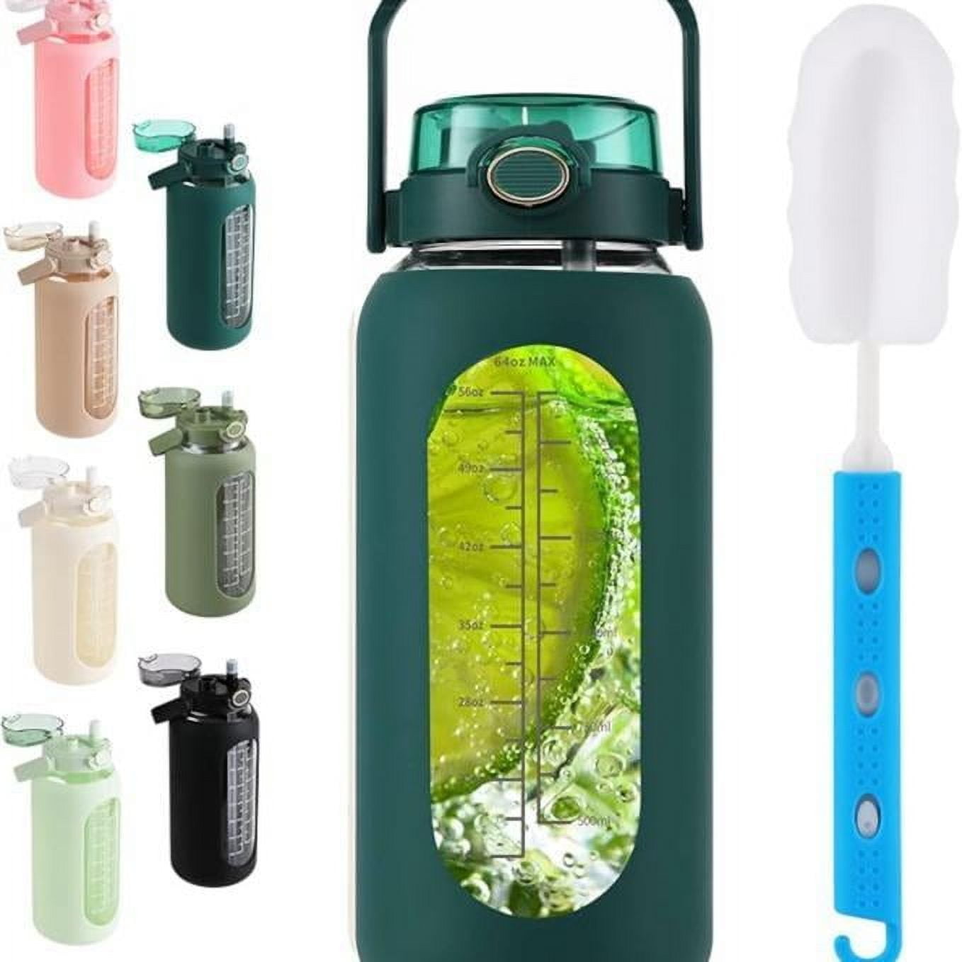 64oz Glass Water Bolttles with Straw Half Gallon Large Motivational Water Bottle with Time ...