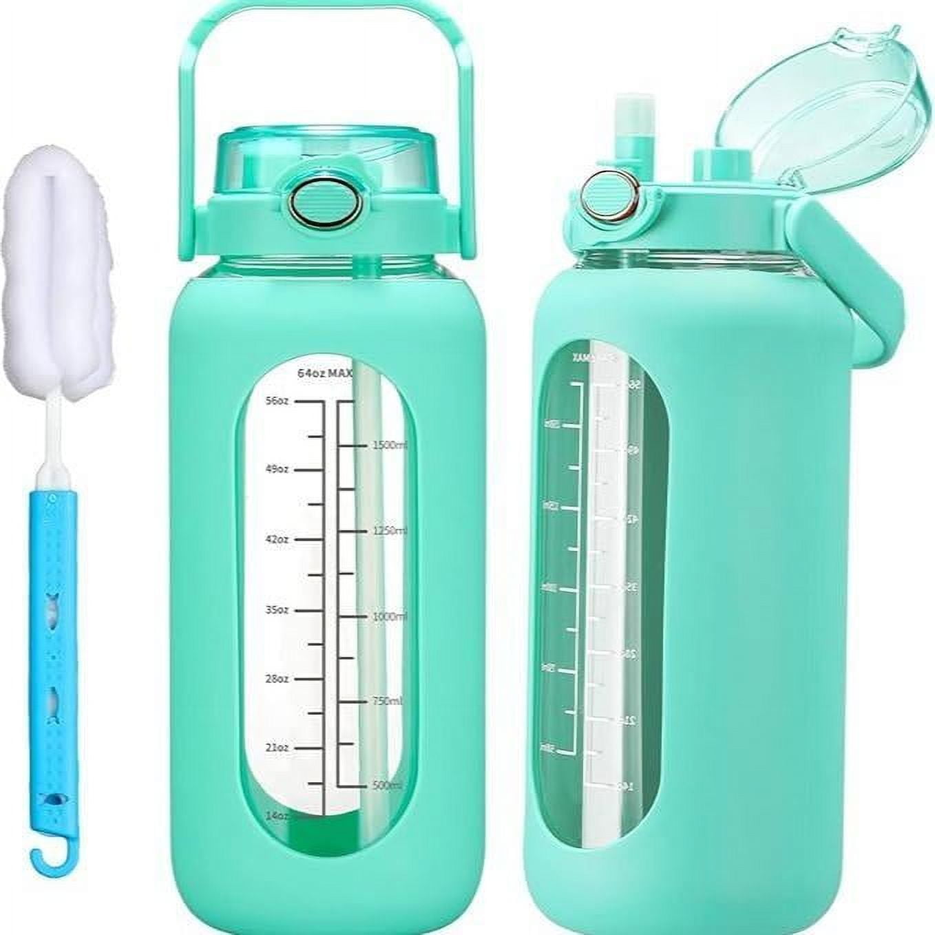 64oz Glass Water Bolttles with Straw Half Gallon Large Motivational Water Bottle with Time ...