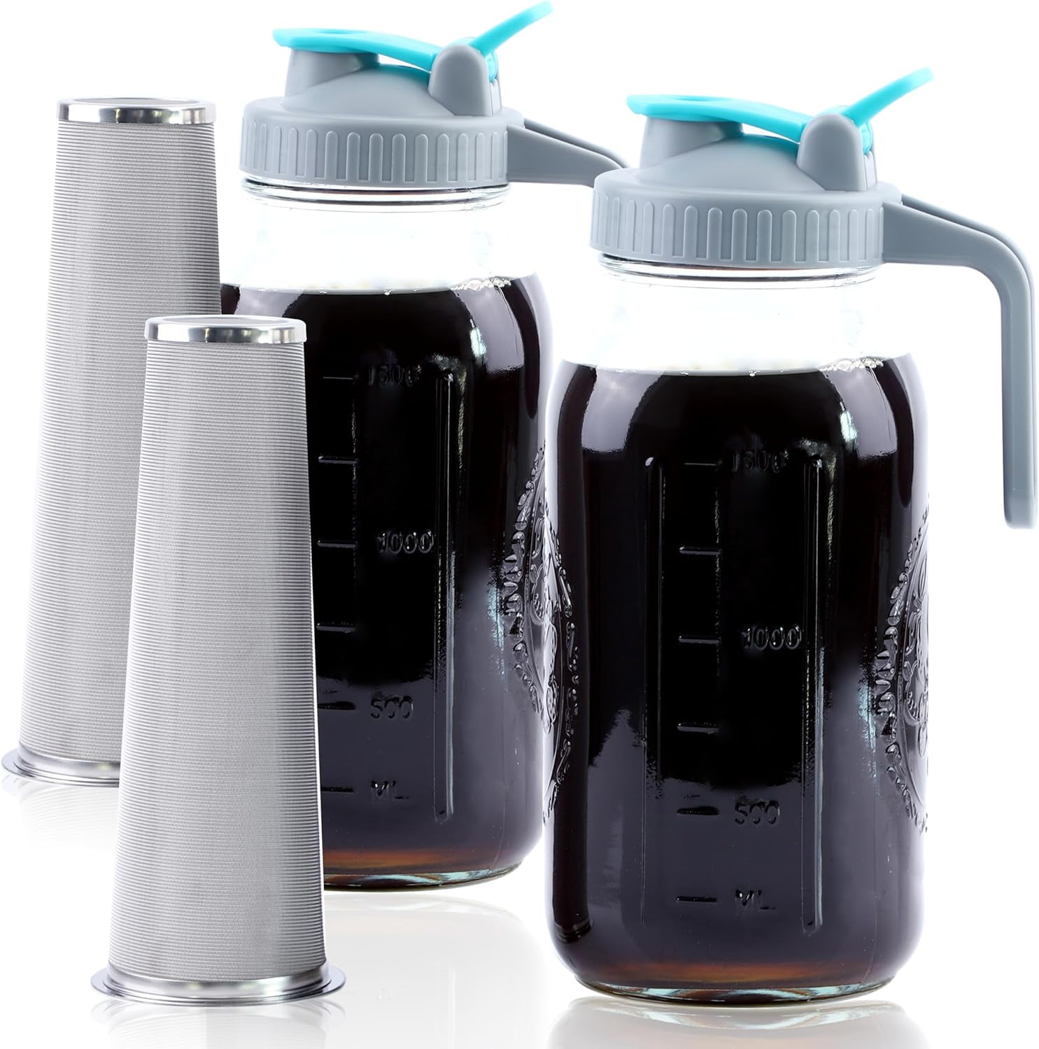 "64oz (Half Gallon) Cold Brew Coffee Maker Set - 2 Wide Mouth Glass ...