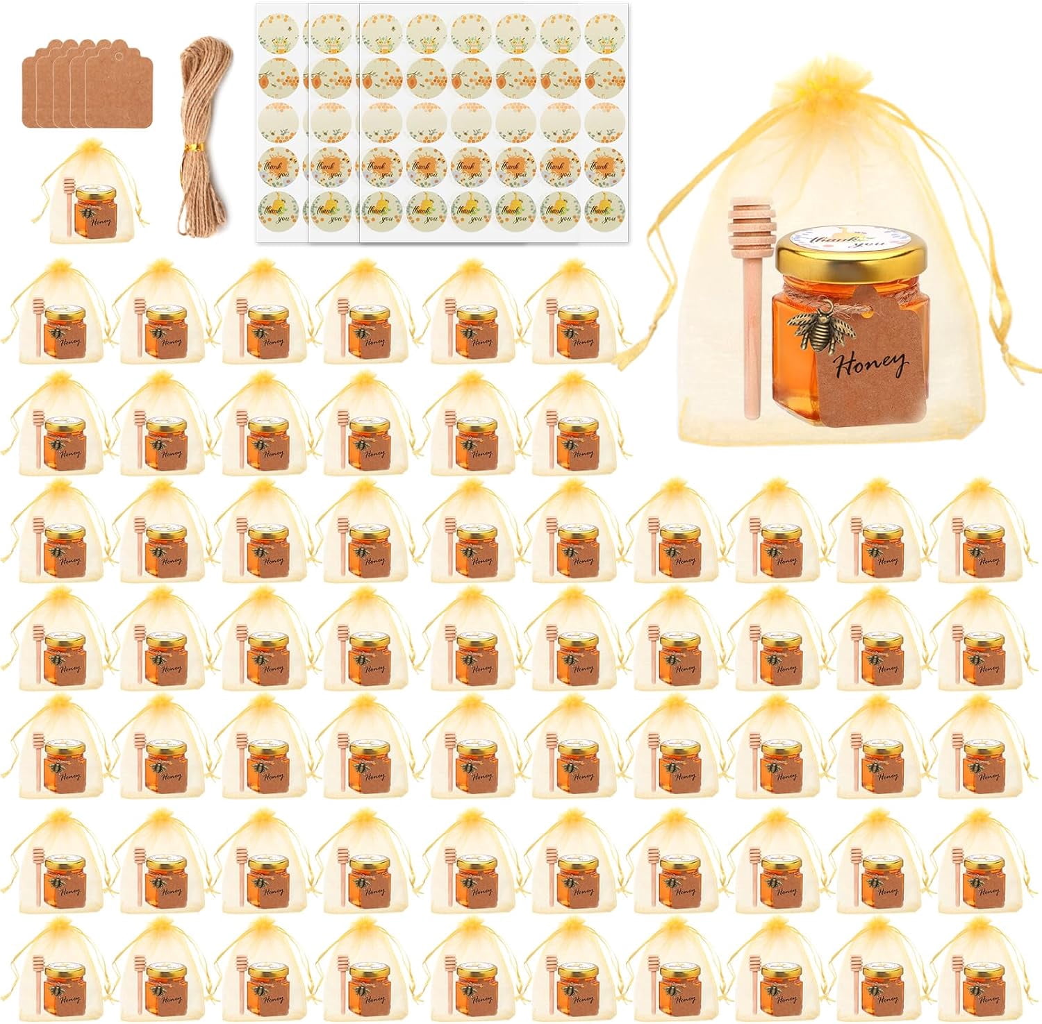 64pack 1.5oz Mini Honey Jars（Gold Lids）, Glass Hexagon Honey Jars with ...