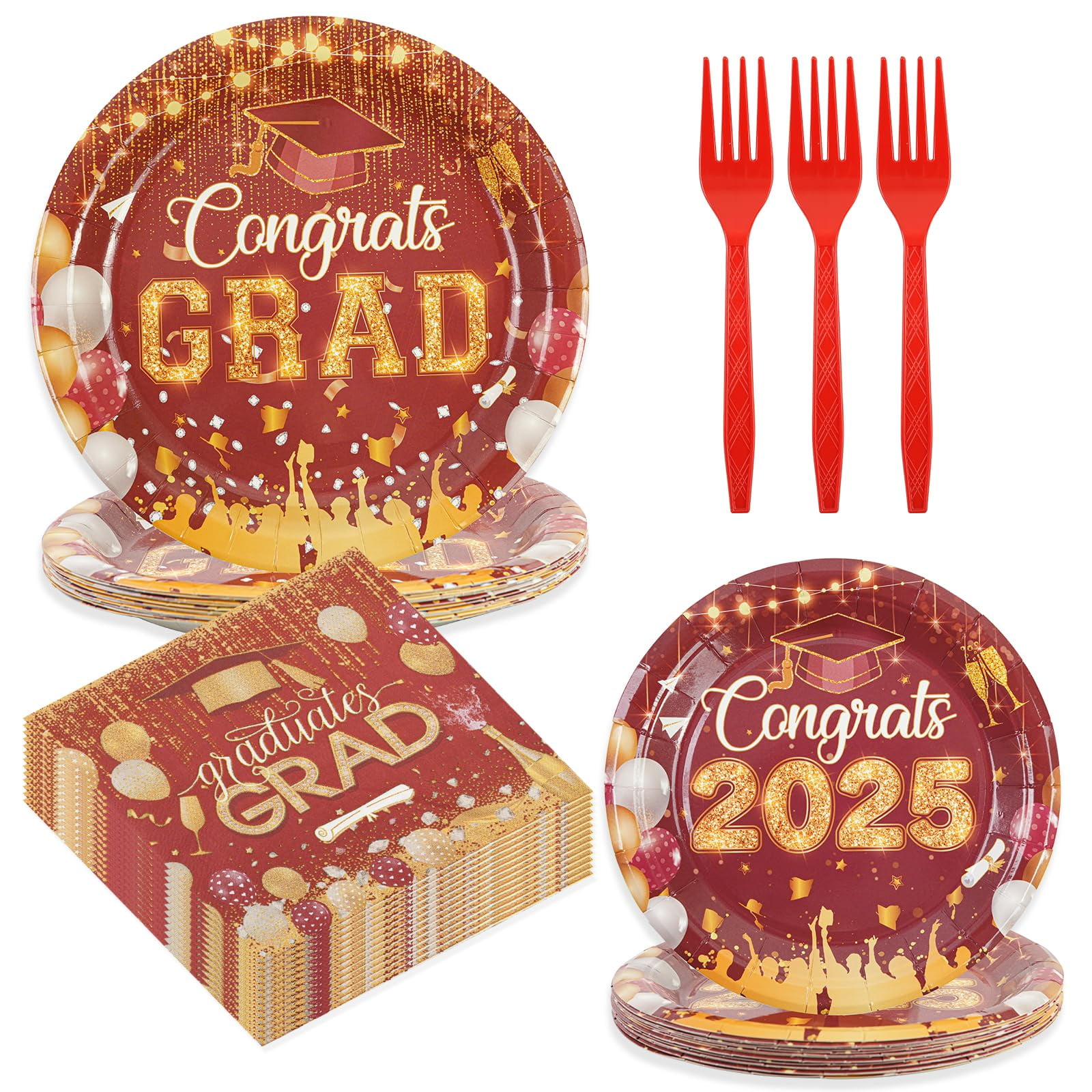 64pcs Graduation Plates and Napkins, Dark AFN1Red Congrats Grad Class ...