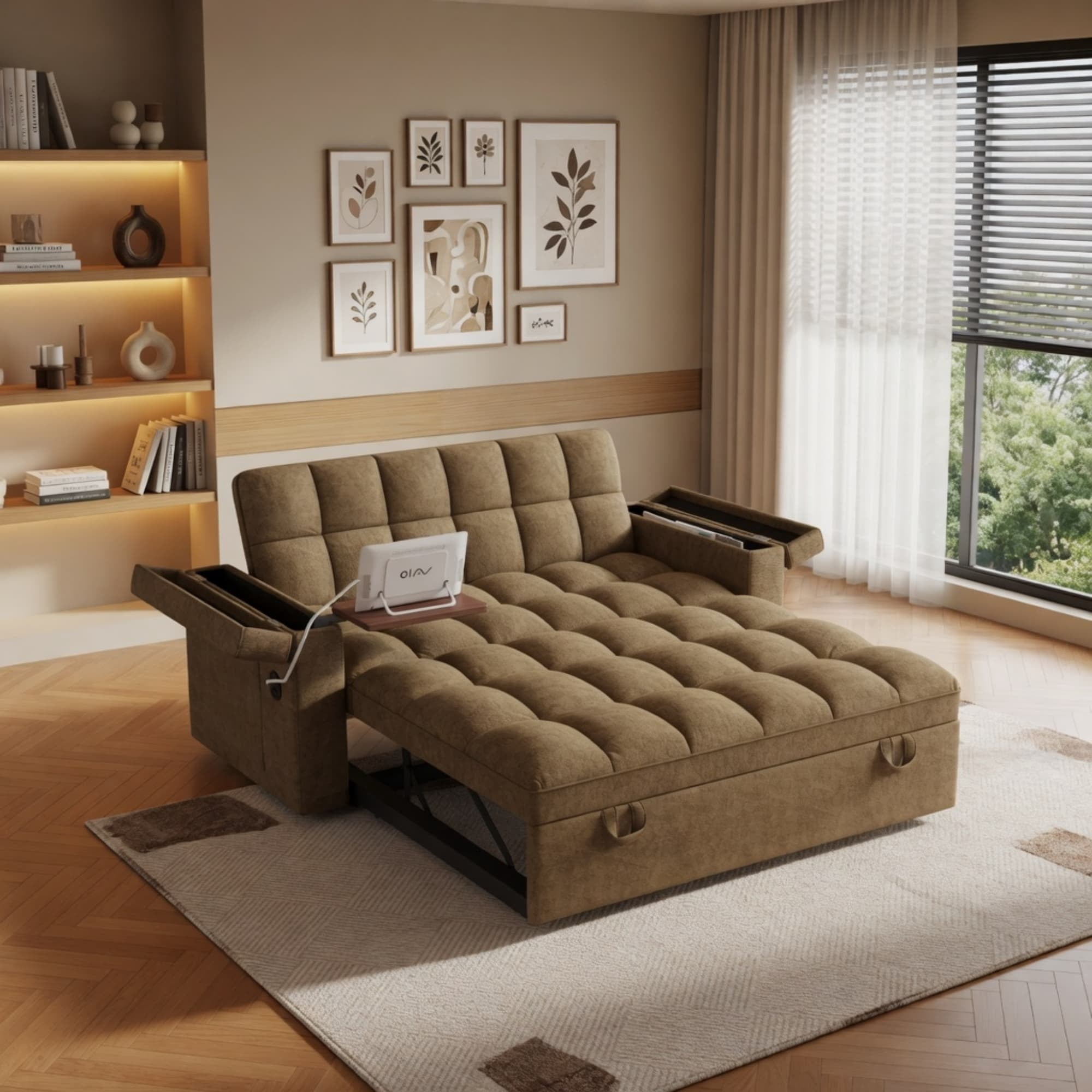 65" 3-in-1 Pull Out Sofa Bed, Modern Chenille Double Sofa with ...