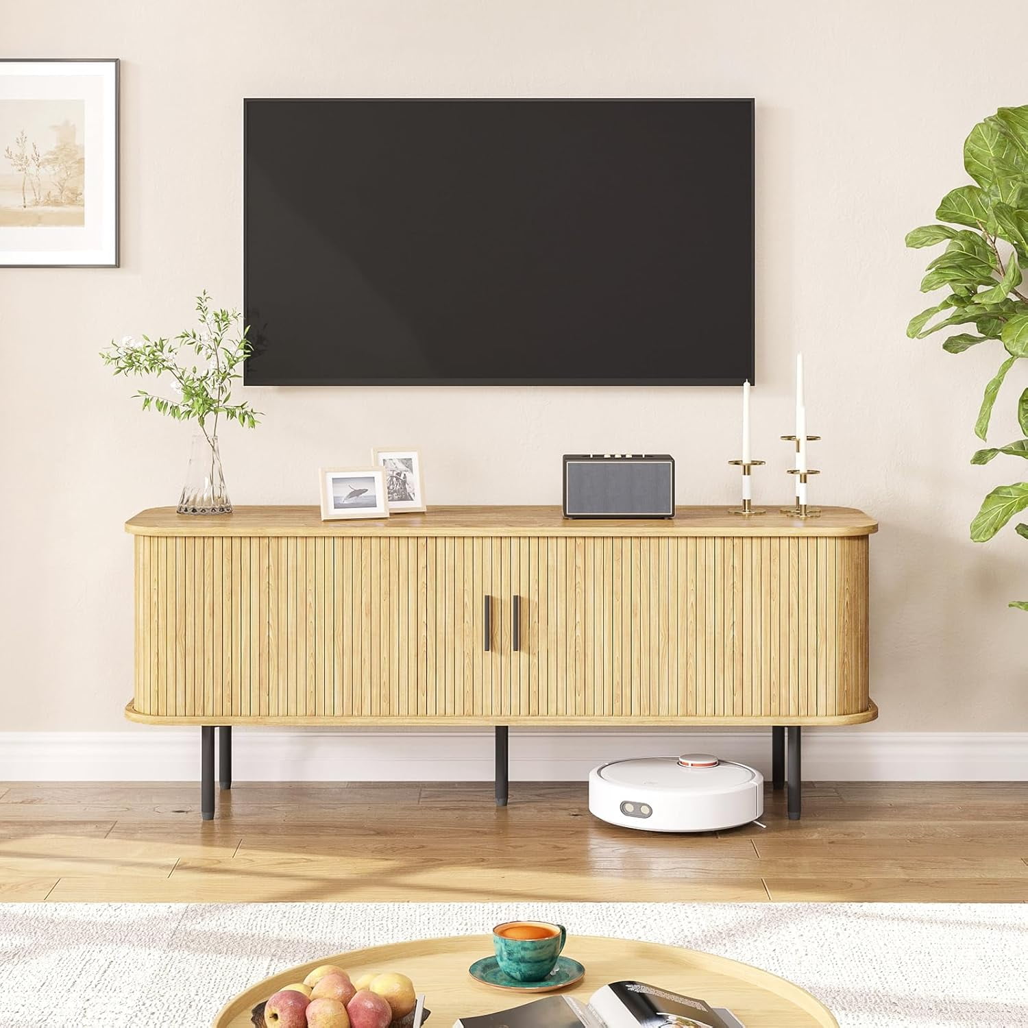 65" Fluted TV Stand Gaming Entertainment Center with Tambour Slatted ...
